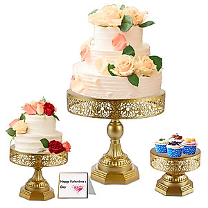 Weharnar Gold Cake Stand Set - 3 Pcs Metal Cake Stands for Dessert Table Round Antique Dessert Display Stands Trays Set for Wedding, Birthday, Bridal & Baby Shower