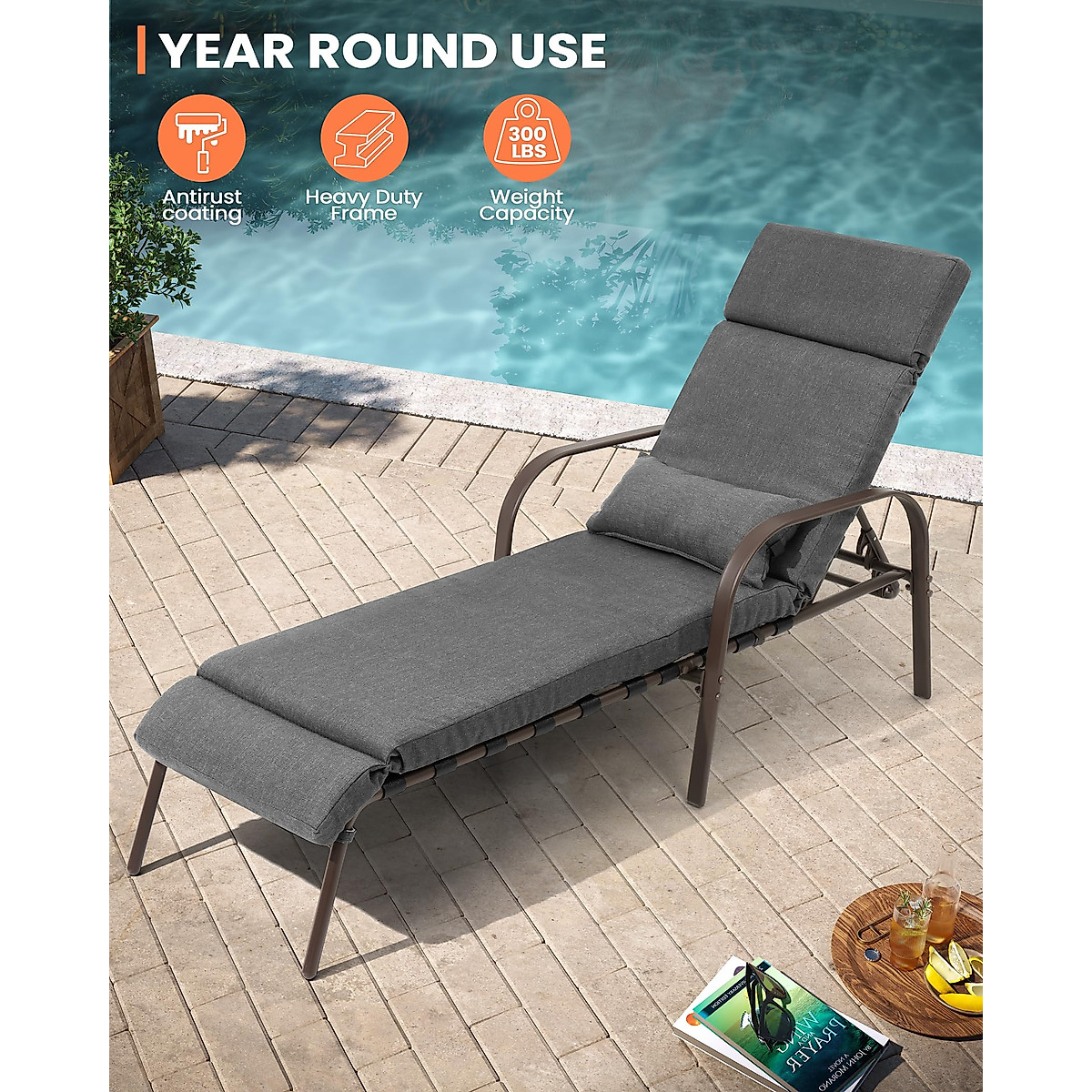 Pellebant Patio Chaise Lounge Chair with Cushion, Adjustable Lounge Chair with 5 Positions, Outdoor Recliners All Weather for Pool, Beach and Yard, 2 Pcs,Dark Grey
