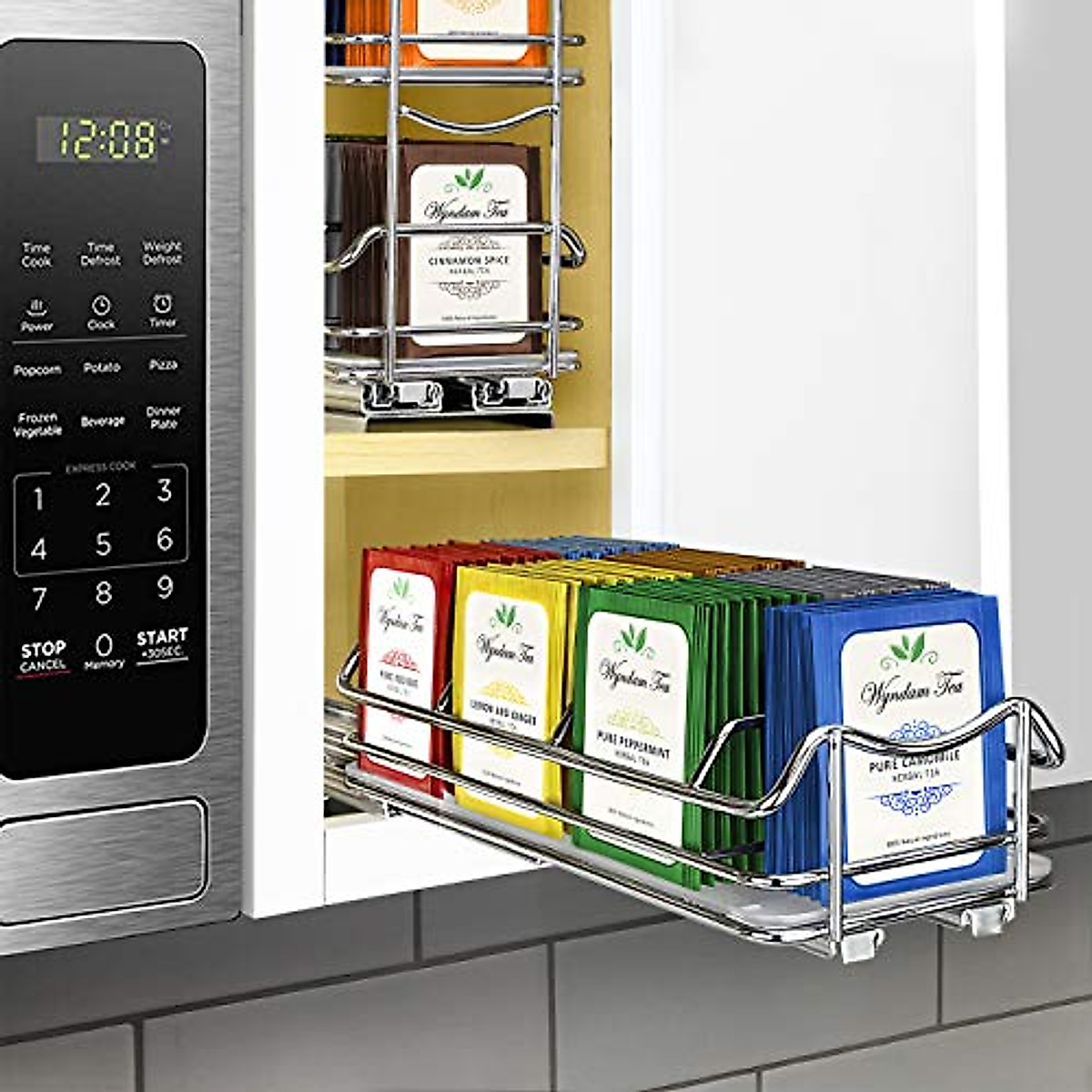 Lynk Professional® Slide Out Tea Bag Holder Organizer - Upper Kitchen Cabinet Pull Out Rack, Organize Up To 70 Tea Bags, Chrome