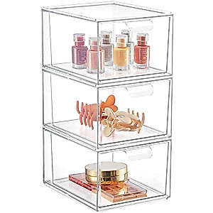 Syntus 3 Piece Set Stackable Makeup Organizer Drawers, 4.4'' Tall Bathroom Storage Drawer, Large Capacity Plastic Cosmetics Storage Box for Vanity, Kitchen Cabinets, Pantry Organization