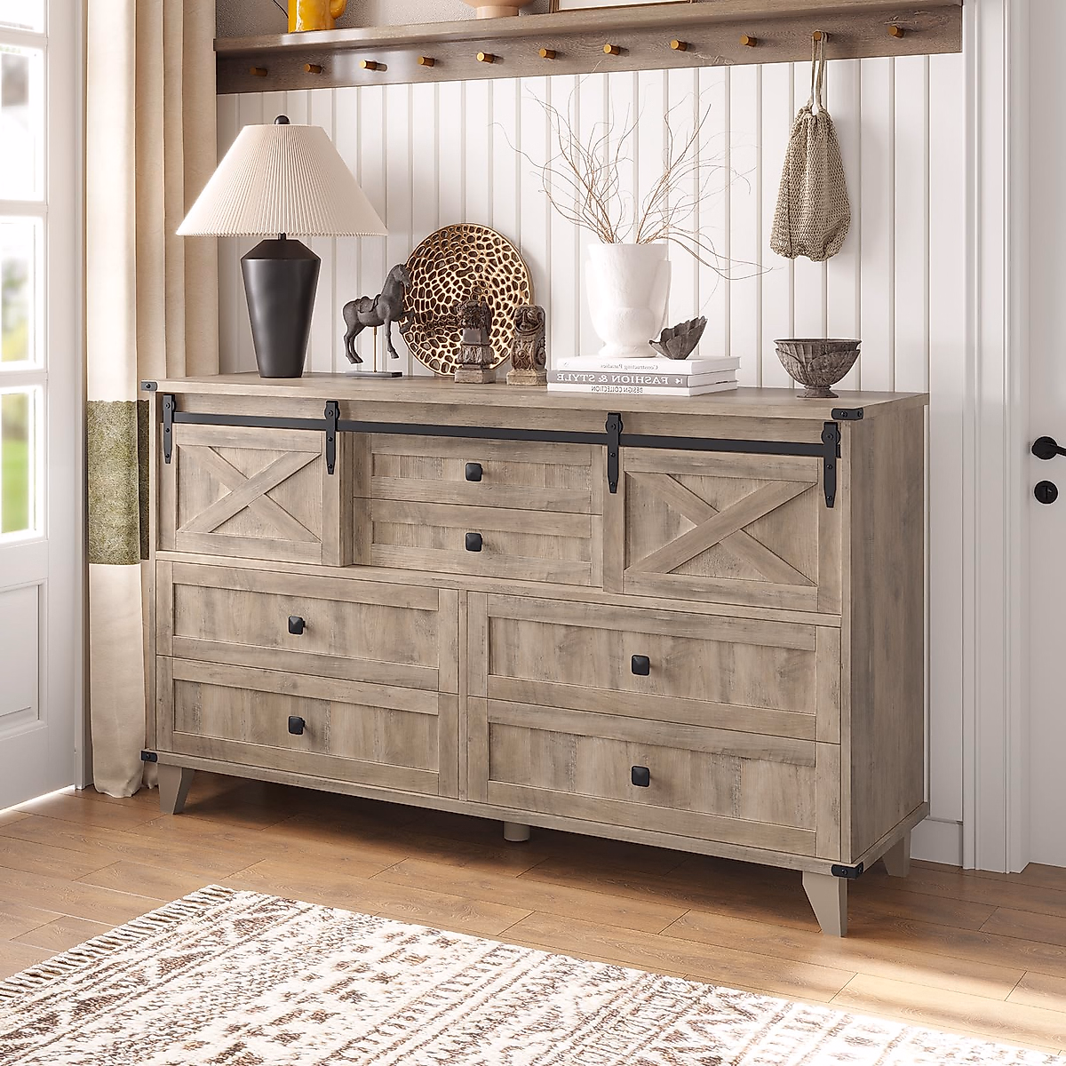 Hasuit Farmhouse 6 Drawers Dresser for Bedroom, Retro Chest of Drawers with Sliding Barn Door, Bedroom Long Storage Dressers Organizer, Rustic Oak