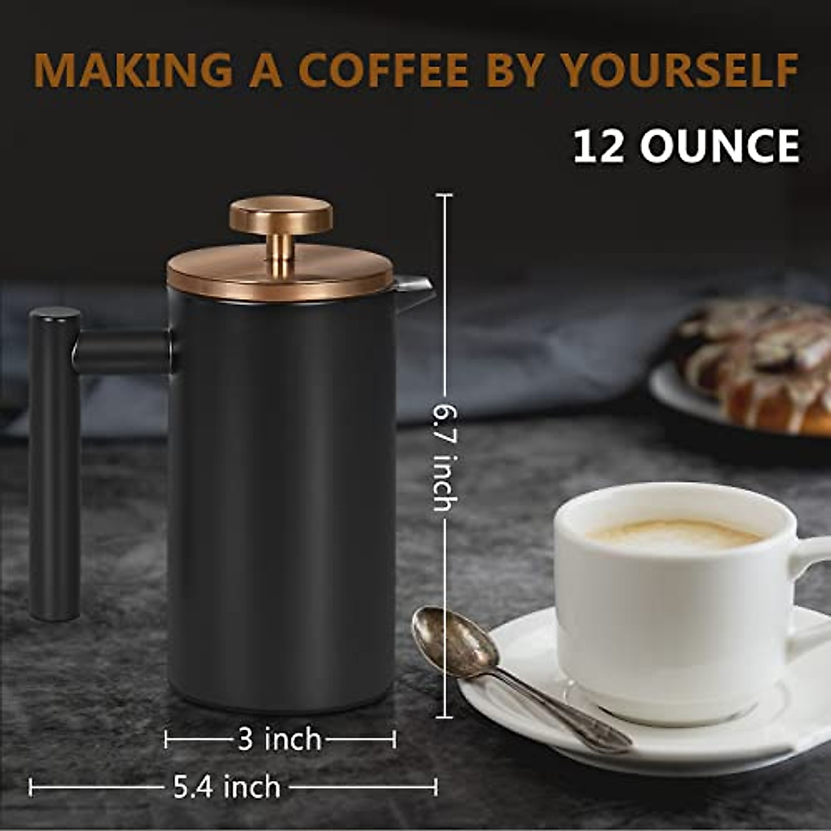 WORBIC French Press, 12oz French Press Double-Wall Insulated French Press Coffee Maker, French Press Stainless Steel with 3 Level Filtration System and 3 Extra Filter Screens, for Home, Office Black