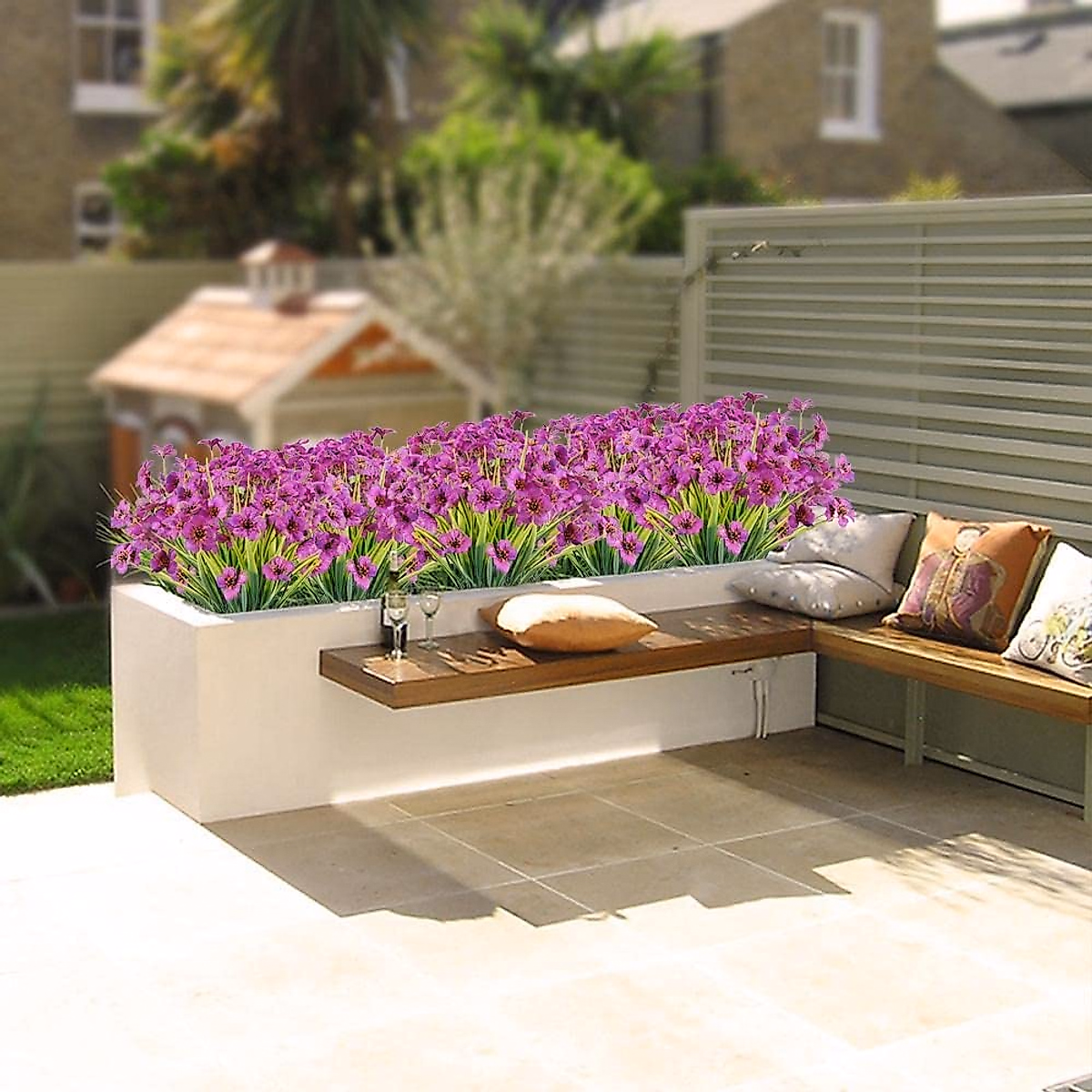 AUBEINSON 20 Bundles Artificial Flowers Outdoor UV Resistant Fake Flowers No Fade Faux Plastic Silk Flower for Outside Front Porch Planter Decoration (Purple)