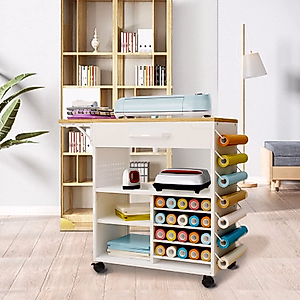 RJOKMT Rolling Craft Storage Cart with Crafting Table Organization Workstation - Compatible with Cricut Machines, Craft Rolling Storage Organizer with Vinyl Roll Holder，Crafting Cabinet Workstation