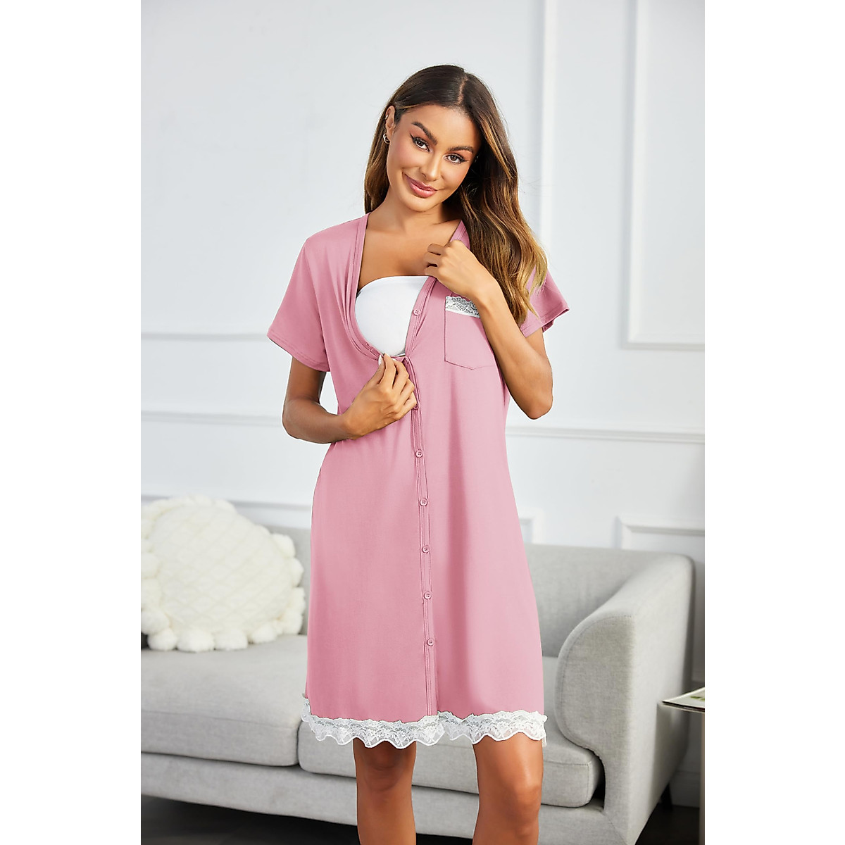 Ekouaer Ladies Night Gown Deep V Neck Short Sleeve Nightshirts Pj Dress Button Pajama Dress Pink