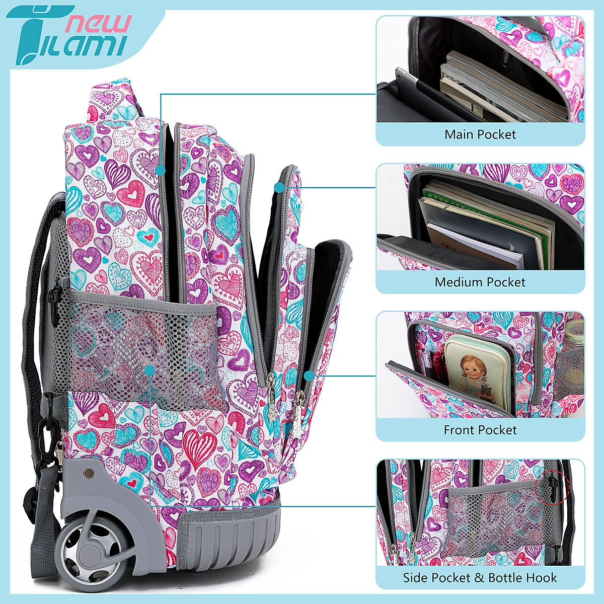 NEW TILAMI Rolling Backpack 18 Inch, Boys Girls Cute Wheeled Laptop Boys Girls Travel School Student Trip Bag, Pink Love