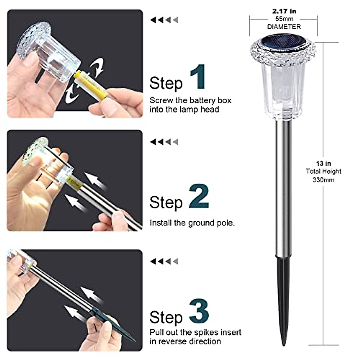 LIANGLOME Solar Lights Outdoor -IP65 Waterproof Solar Pathway Lights Stainless Steel Outdoor Solar Lights for Yard Patio Lawn Walkway and Landscape Cool White (6 Pack)