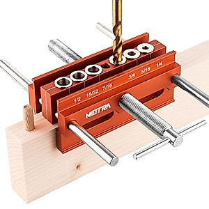 Neitra Self Centering Doweling Jig - 6 Drill Guides for Straight Holes, Adjustable Width Up to 6.75", All Metal Drilling Hole Kit for Wood Dowel Jig, Professional Woodworking Joints Tool