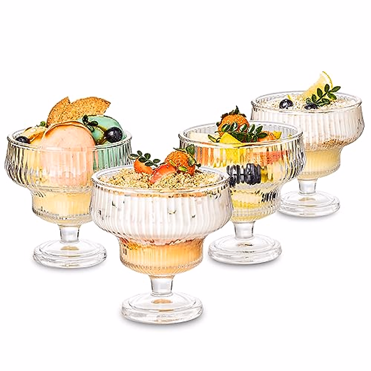 INSETLAN Ice Cream Sundae Glass Bowl Set of 4, Clear Stripes Footed Dessert Bowls 10oz, Glass Dessert Cups Perfect for Sundae, Ice Cream, Fruit, Salad, Cocktail, Trifle