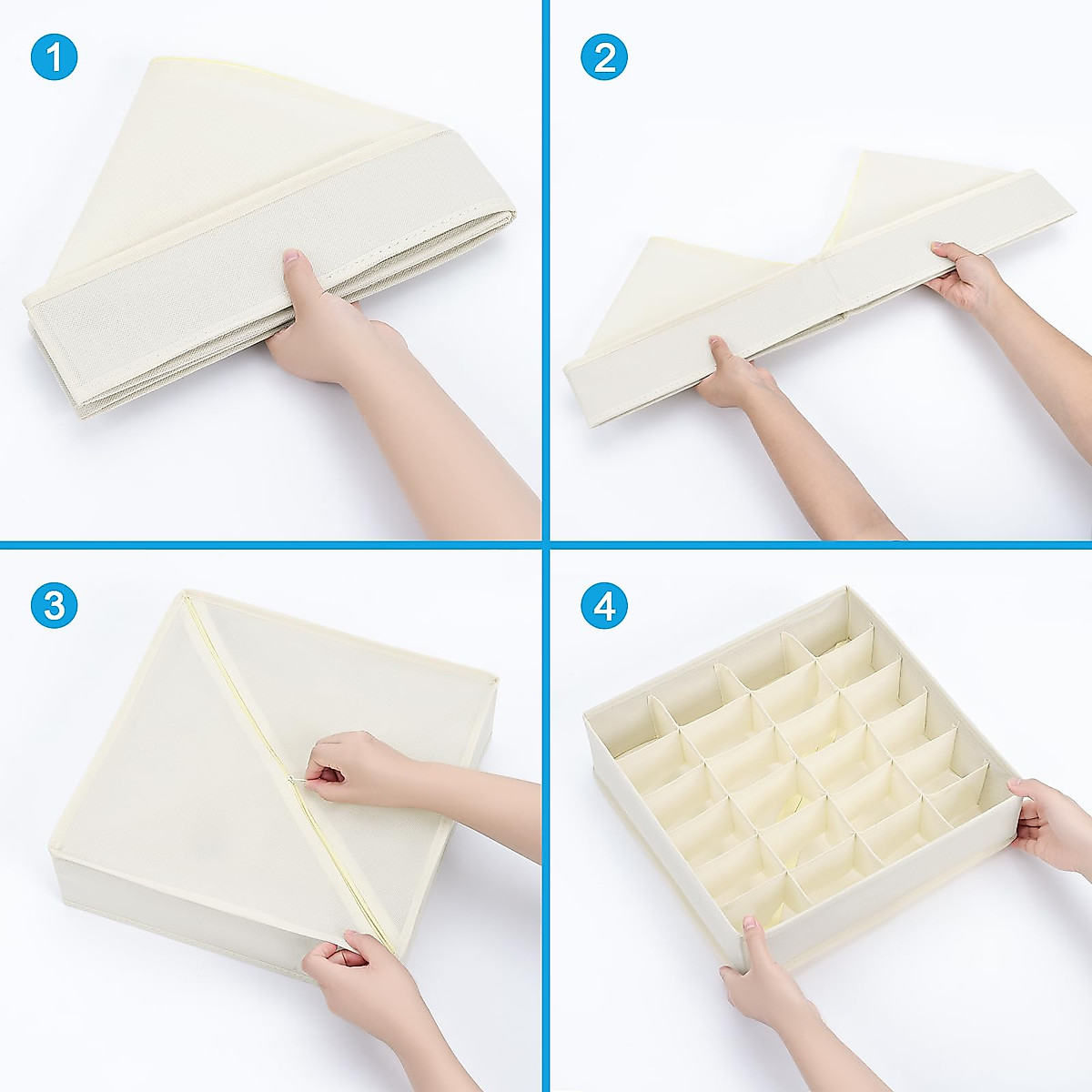 Easortm Sock Organizer 4 Pack, Large Sock Drawer Divider, Underwear Storage 24 Cell Closet Organizers and Storage for Wardrobes, Drawers. (Beige)