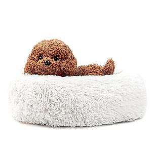SM4BED Calming Dog Bed for Small Dogs Cats, Kitty Puppy 20'' Round Anti-Anxiety Warm Fluffy Plush Faux Fur Bed, Soft Anti-Slip Donut Washable Small Pet Bed, Fits up to 25 lbs Pets, White