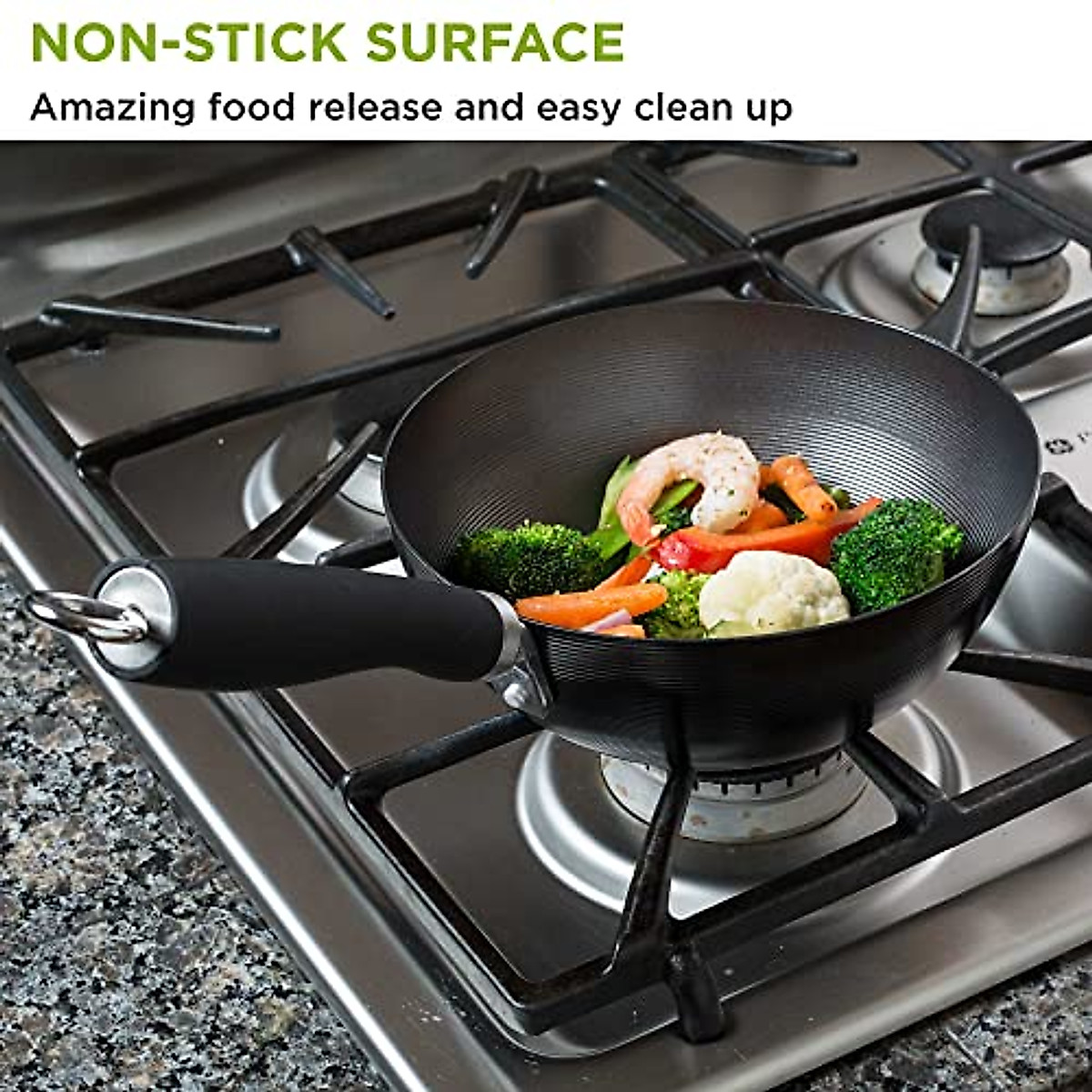 Ecolution Non-Stick Carbon Steel Wok with Soft Touch Riveted Handle, 8",Black