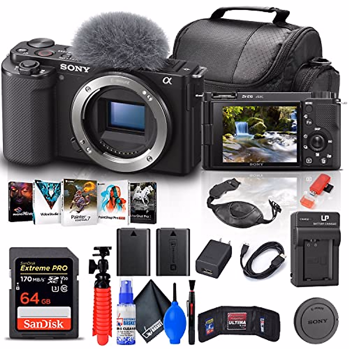 Sony ZV-E10 Mirrorless Camera (Body Only, Black) (ILCZV-E10/B) + 64GB Card + Corel Photo Software + Bag + NPF-W50 Battery + External Charger + Card Reader + HDMI Cable + Flex Tripod + More (Renewed)
