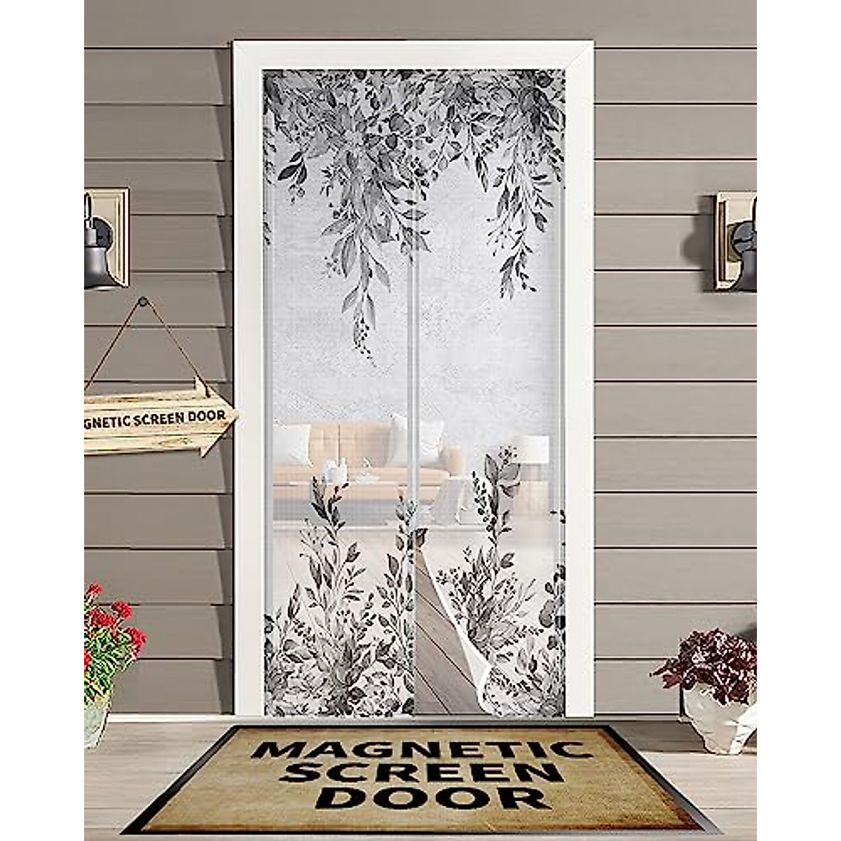 ZOE GARDEN Grey Eucalyptus Magnetic Screen Door for Sliding/Single/French Doors, Self Sealing Magnets Patio Door Screen Heavy Duty Mesh Curtain, Fall Leaves Country Rustic Chic Flower