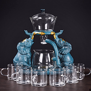 GODNOEI Elephant Glass Tea Set Lazy Kungfu Magnetic Water Diversion Creative Glass Teapot Semi Automatic Tea Maker Suit Kitchen Bar Supplies (6 tea cups)