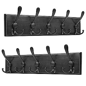 Hat Rack for Wall, Coat Rack Wall Mount Heavy Duty, 5 Double Coat Rack Hooks Set of 2, Wooden Base, Metal Coat Hook Rail for Coat, Hat, Key, ect.