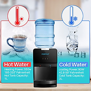 PUREPLUS Water Cooler Top Loading Countertop Water Cooler Dispenser, Hot & Cold Water, Child Safety Lock, Holds 3 or 5 Gallon Bottles, Compression Refrigeration Technology, Black