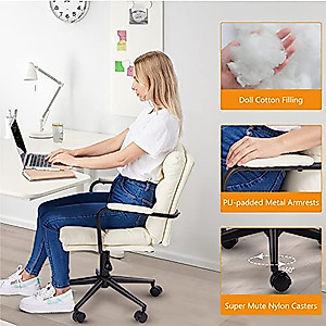 AMERROBIL White Home Office Desk Chair with Wheels/Armrests, Modern PU Leather Vanity Chair Midback Adjustable Home Computer Chair for Living Room, Bedroom, Office, Vanity and Study