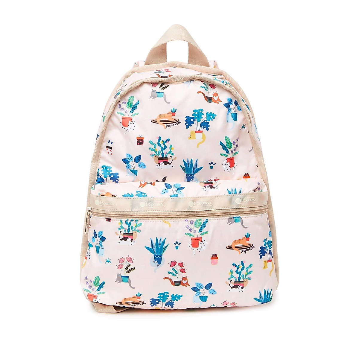 LeSportsac Comfy Cats Basic Backpack/Rucksack, Style 7812/Color F645 Colorful Playful Cozy Kittens and Cats Amid Floral Designs, Light Pink Iridescent Sheen Bag