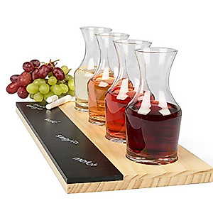 Wine Tasting Flight Sampler Set - Includes Four 6 oz Decanter Glasses and Wood Paddle with Chalkboard - Great for Spring Winery Tour Taste Testing, Perfect Housewarming, Wedding, and Mother's Day Gift