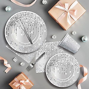 YJRJSC Silver Plates And Napkins Party Supplies - Silver Party Decorations Tableware For Birthday Bridal Shower, Paper Plate, Napkin, Cup, Cutlery, Diamonds Silver Glitter Table Decorations | Serve 24
