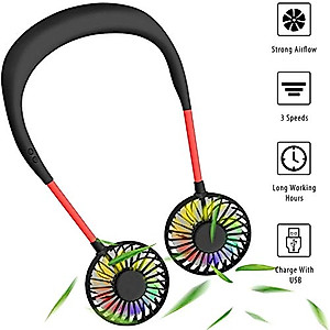 Portable Neck Fan - USB Rechargeable Fan with 3 Speeds Adjustable, Neck Fans Portable Rechargable Prime with LED Lights - Black