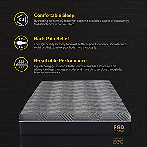EGOHOME 12 Inch Queen Copper Gel Memory Foam Mattress, Therapeutic Mattress for Back Pain Relief, Cooling Gel Double Mattress Bed in a Box, Made in USA, CertiPUR-US Certified, 60”x80”x12”, Black