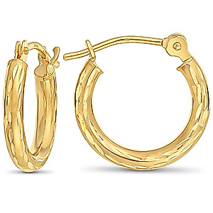 14k Gold Small Hoops Diamond-cut Engraved Hoop Earrings (Yellow Gold)