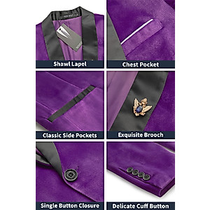 MAGE MALE Men's Velvet Slim Fit Suit Blazer Jacket Shawl Lapel One Button Dinner Prom Wedding Tuxedo Purple