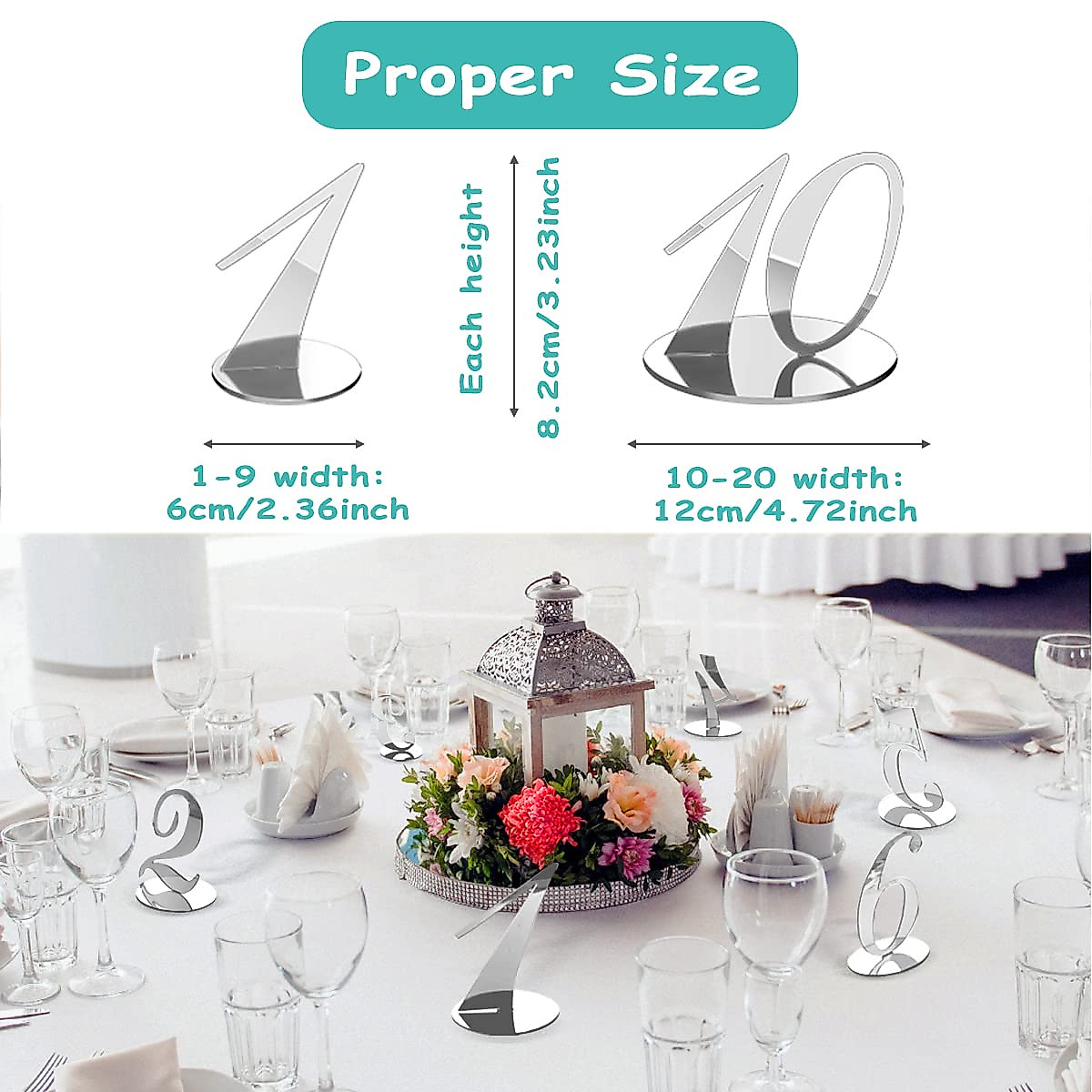 Rely2016 Mirrored Table Number, 1-20 Wedding Table Numbers Stands with Holder Base Acrylic Table Numbers Place Card Holders Reception Décor for Wedding Banquet Birthday Party Event Catering (Silver)
