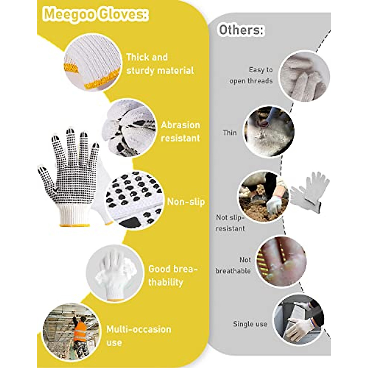 Meegoo Hand Working Gloves, 12 Pairs White Cotton Polyester Liners Gloves Safety Work Gloves for Men Women With Dots (Black, L)