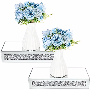 2 Pieces Mirrored Floating Wall Shelf Crushed Diamond Crystals Wall Rack Silver Glass Shelves Decorative Hanging Mirror Shelf Display Ledge of Trophy and Photo Frame for Home Bathroom Living Room