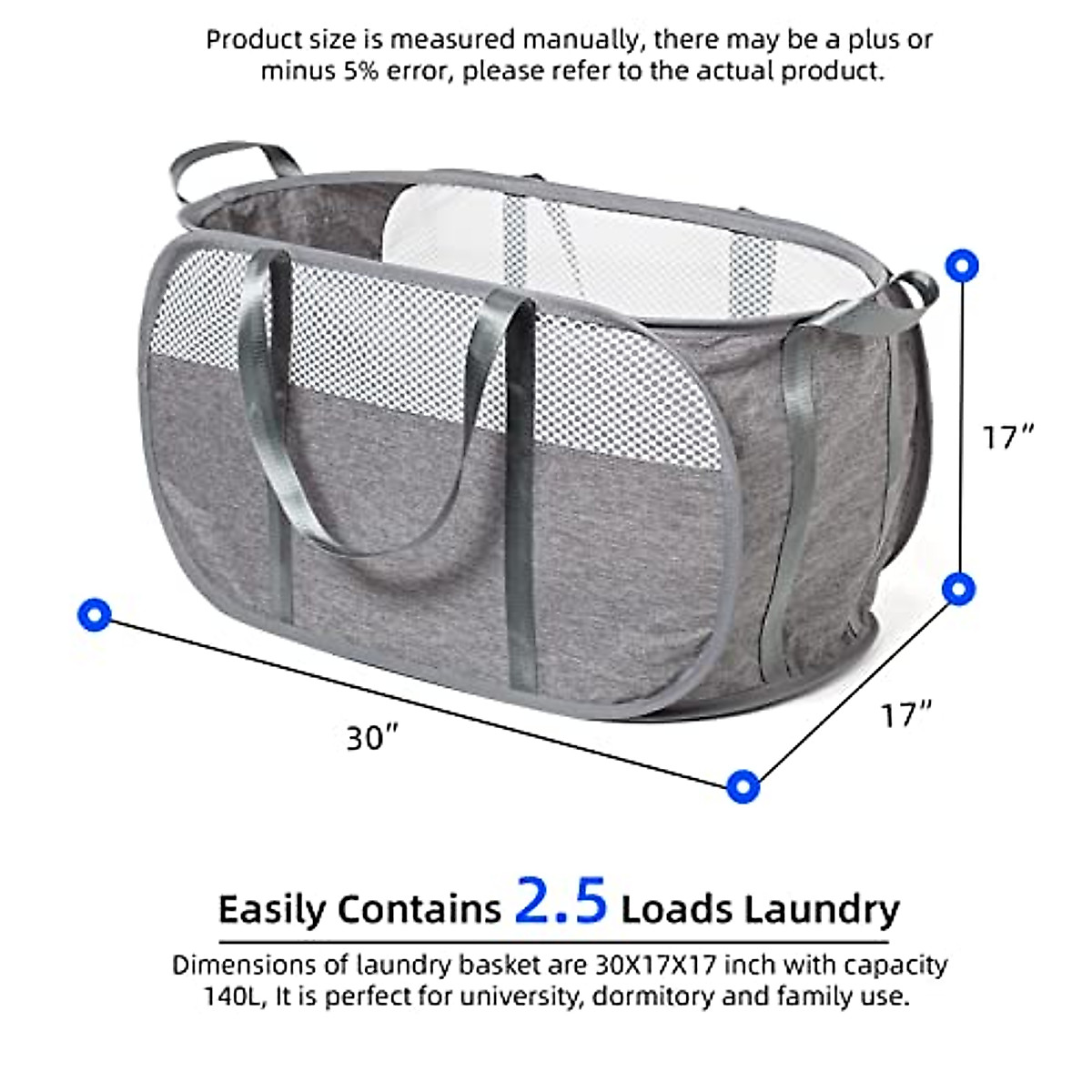 Fenlosi Tear Proof Pop Up Laundry Hampers, with Strong Handles Laundry Hamper, Easy to Carry & Go Up and Down Stairs, Honeycomb Mesh-Breathable, Easy to Collapsible Laundry Basket. (2.5Loads, Large)