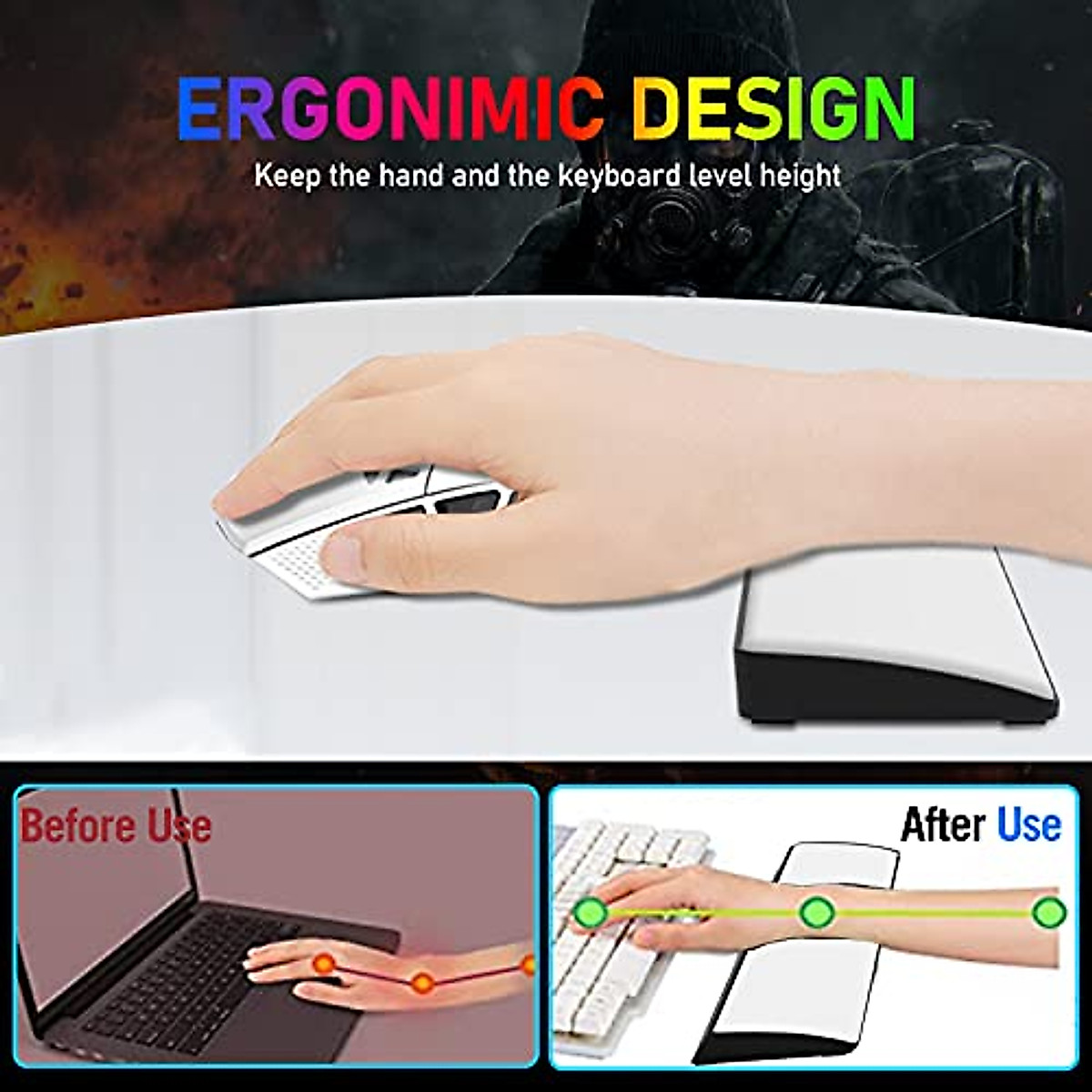 Wireless Gaming Keyboard Mouse and Wrist Rest Set with 87 Key Rainbow Backlight Rechargeable 3800mAh Battery Mechanical Feel Anti-ghosting Ergonomic Waterproof Mute Mice for PC Mac Gamer (White Mix)
