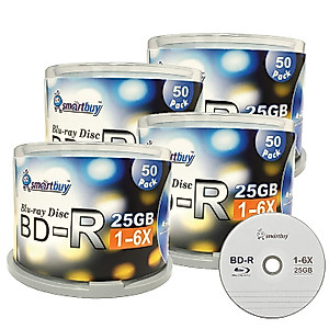 Smartbuy 200 Pack Bd-r 25gb 6X Blu-ray Single Layer Recordable Disc Logo Top Blank Data Video Media 200 Disc Spindle