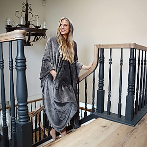 Hooded Poncho Blanket, Fleece Wearable Throw Wrap with Hood and Pocket, Warm Cozy Soft for Adult Women Men Kids, Indoor or Outdoor Grey