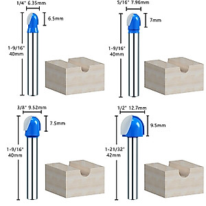 Helovmine 1/4 Inch Shank Round Nose Cove Core Box Router Bit Set Solid Carbide Double Flute Round Nose Router Bit 1/4" 5/16" 3/8" 1/2" 5/8" 3/4" 7/8" 1" Cutting Diameter Woodworking CNC Tools