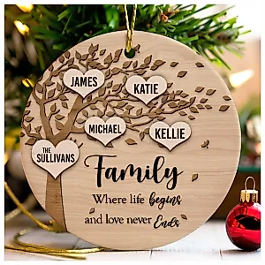 Family Where Life Begins and Never Ends Personalized 3 Inch Ceramic Christmas Ornament With Gift Box (4 Names)