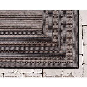 Unique Loom Outdoor Border Collection Area Rug - Multi Border (6' 1" x 9' Rectangle, Gray/ Black)