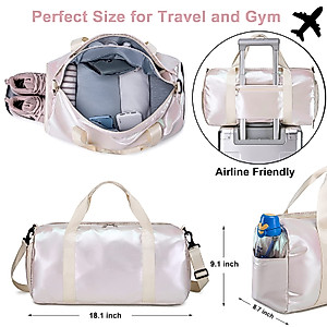 Gym Bag Sports Duffle Bag with Wet Pocket Weekender Overnight Bag with Waterproof Shoe Pouch and Air Hole for Women Girls Travel Foldable Bag (Metallic Beige)