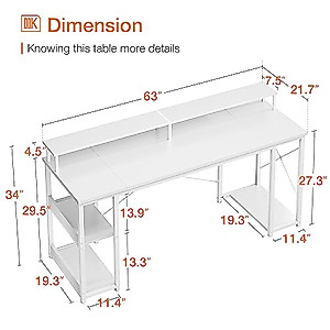 ODK 63 inch Computer Desk with Monitor Shelf and Storage Shelves, Gaming Desk, Study Table with CPU Stand & Reversible Shelves, White