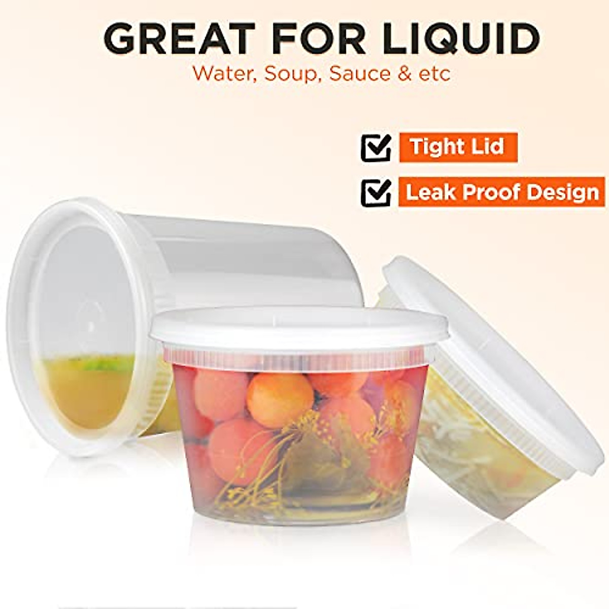 [36 Pack, 3 Sizes] Food Storage Containers with Lids, Round Plastic Deli Cups, US Made, Assorted 8 16 32 oz Cup Pint Quart, Leak Proof Airtight, Microwave & Dishwasher Safe, Stackable, Reusable, White