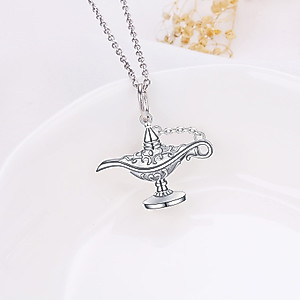 DAOCHONG S925 Sterling Silver Aladding Magic Genie Lamp Legend Wishing Carved Lamp Pendant Necklace Jewelry Good Luck Gift for Women