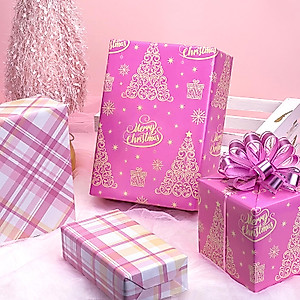 EWES Pink Christmas Wrapping Paper Rolls Cute Kids Reversible Tree Thick Aesthetic Elegant Gift Wrap Sheets Heavy Duty Girls Girly Princess Total 28.5sq.ft
