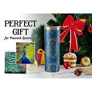 Onebttl Peacock Skinny Glitter Tumbler Gifts For Women, Female and Her - Peacock Feather - 20oz/590ml Stainless Steel Insulated Tumbler with Straw, Lid - Gift for Peacock Lovers