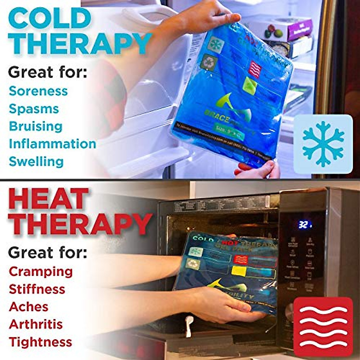 BraceAbility Reusable Heat/Ice Pack for Injuries | Kid Friendly, Flexible Hot and Cold Therapy Gel Compress, Large Microwavable Hip Wrap, Back or Knee Pain Aid, Medical Surgery Icing Bag (9" x 11")