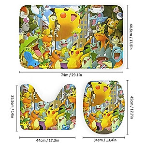 𝐏𝐨𝐤.𝐄𝐦𝐨𝐧 𝐆𝐎 Bathroom Sets,Kids Bathroom Decor Shower Curtain Set,Cartoon Shower Curtain with Anime Rugs& U-Shaped Floor Mat + Toilet Seat Cover Accessories 72"x72"