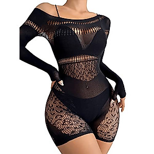 SHENHE Women's Mesh Hollow Out Backless Sleeveless Halter Babydoll Lingerie Dress Fishnet Romper One Size