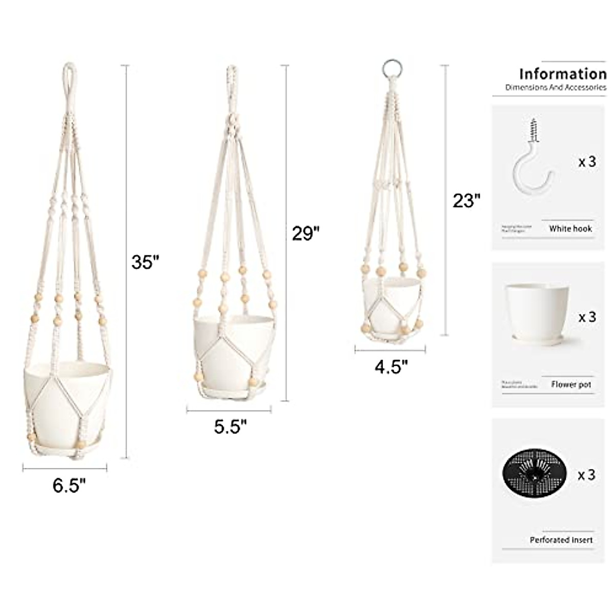 Mkono 3 Pack Macrame Plant Hangers with Pots, 35"/29"/23" Indoor Different Size Hanging Planter Basket Flower Pot Holder with Saucers & Hooks No Tassels (Plastic Flower Pots Included), Medium, Ivory