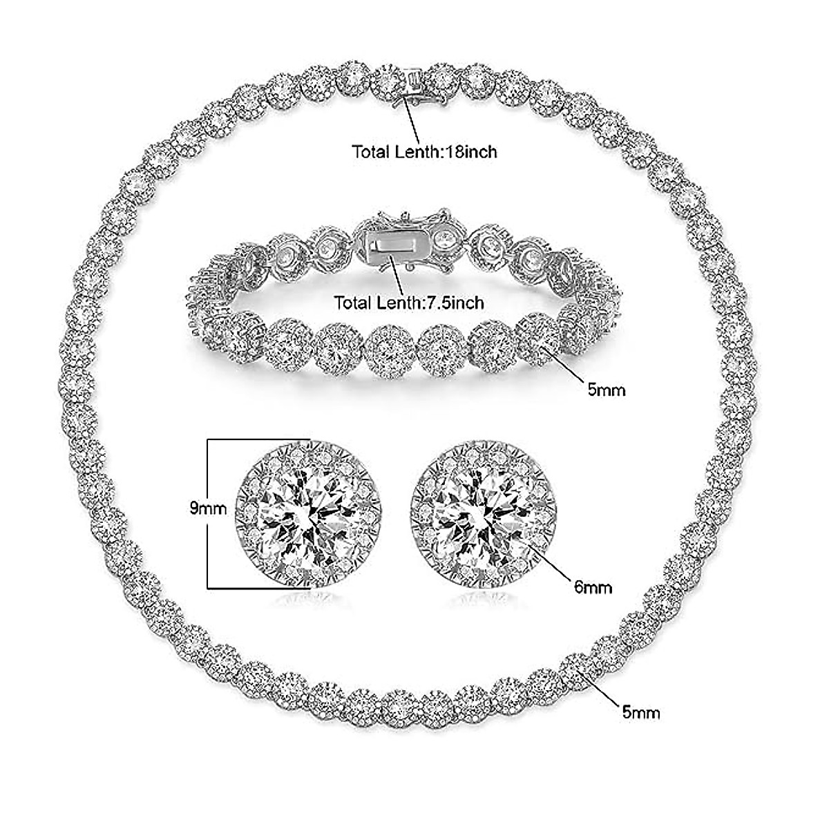 Gemsme 18K White Gold Plated Cubic Zirconia Tennis Necklace/Bracelet/Stud Earrings Set for Women Men Hypoallergenic Silver Halo Jewelry Pack of 3